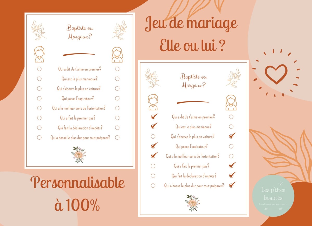 Jeu mariage elle ou lui personnalisable à imprimer - Idées originales ... Jeu mariage elle ou lui personnalisable à imprimer - Idées originales ...